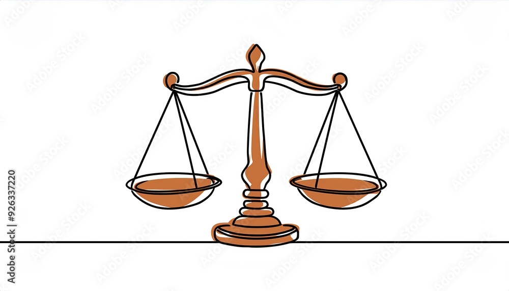 continuous line drawing of law balance and scale of justice. Symbol of ...