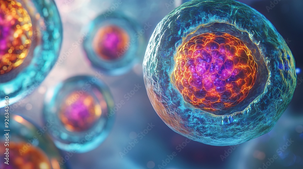 Microscopic view of healthy human cells under a biological microscope, showcasing intricate ...