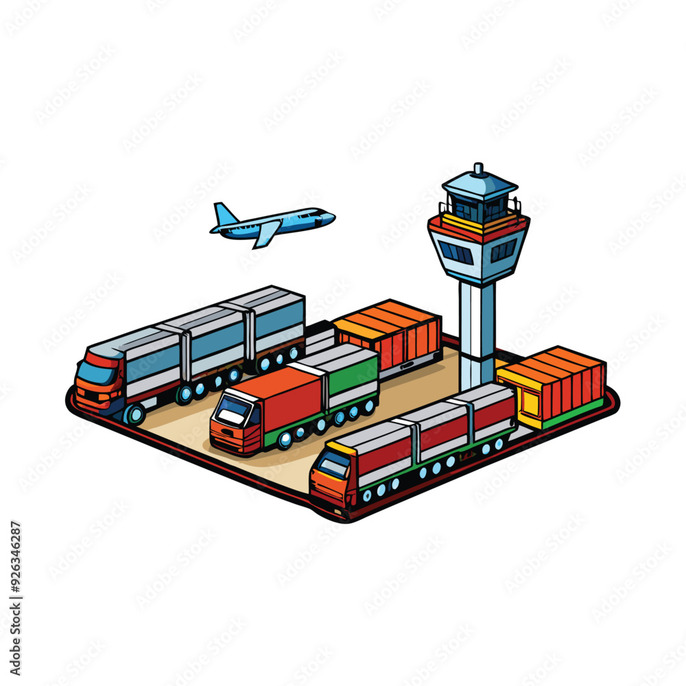 Illustration of a logistics hub with trucks and a control tower. Stock ...
