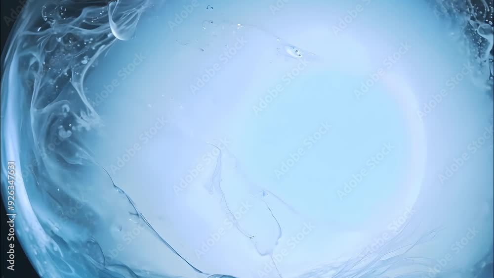 Translucent blue liquid forms swirling patterns in a clear glass bowl ...