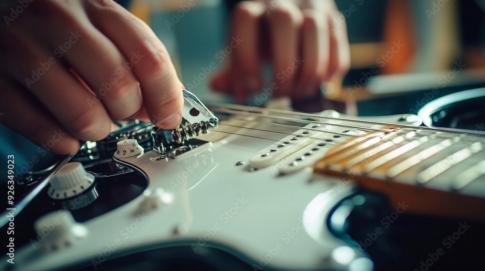 Skilled Guitarist Fine-Tuning Tremolo Bridge Saddle with Multitool on ...