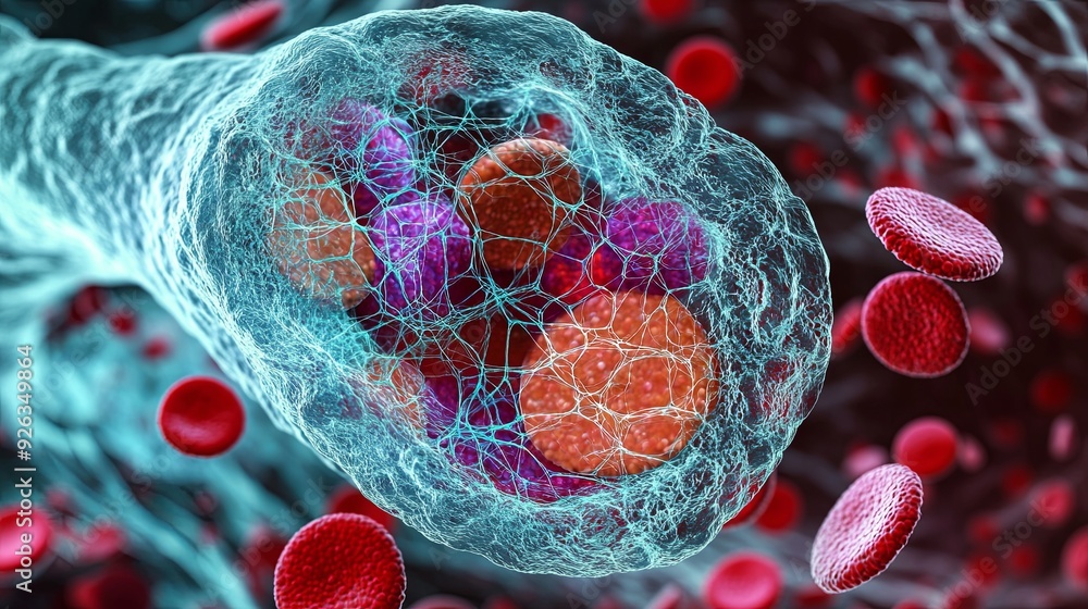 Microscopic image of blood clotting process, showing platelets and ...