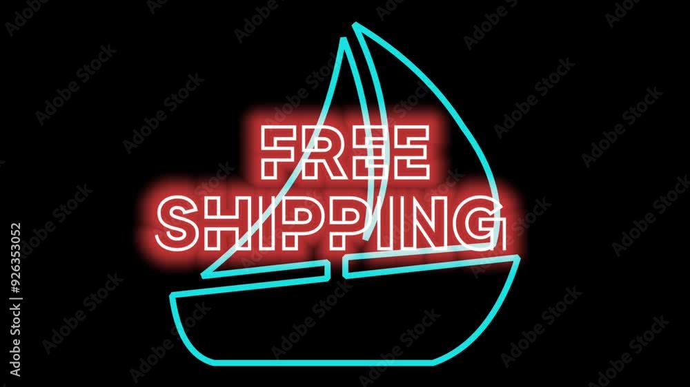 Animated neon writing FREE SHIPPING colored red and blue neon logo boat ...