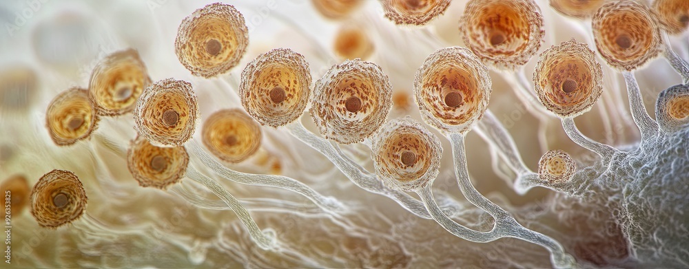 Microscopic image of fungi spores, with detailed structures and ...