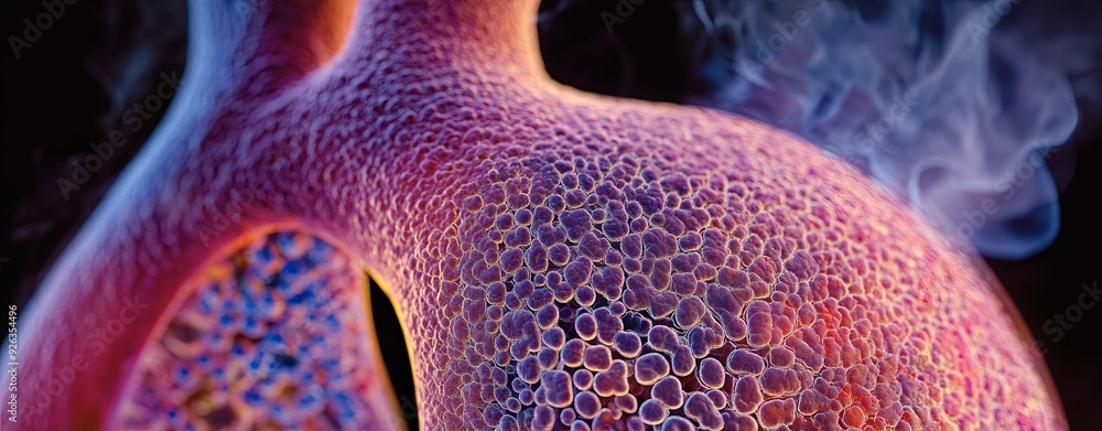 ภาพประกอบสต็อก Microscopic examination of lung tissue, highlighting ...