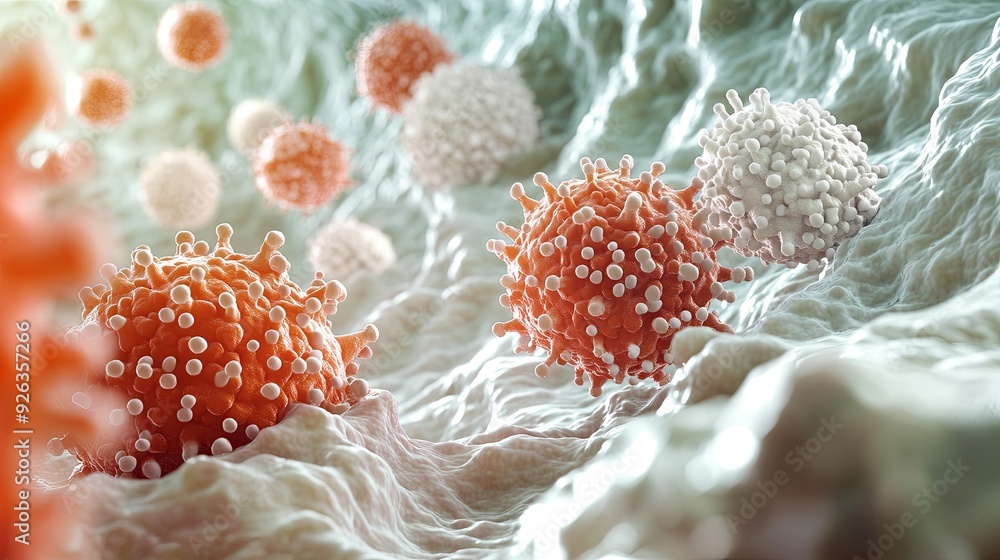 Microscopic view of white blood cells fighting infection, with detailed ...