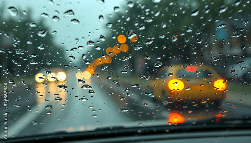 rain water on car's window, driving in rainy weather isolated with ...