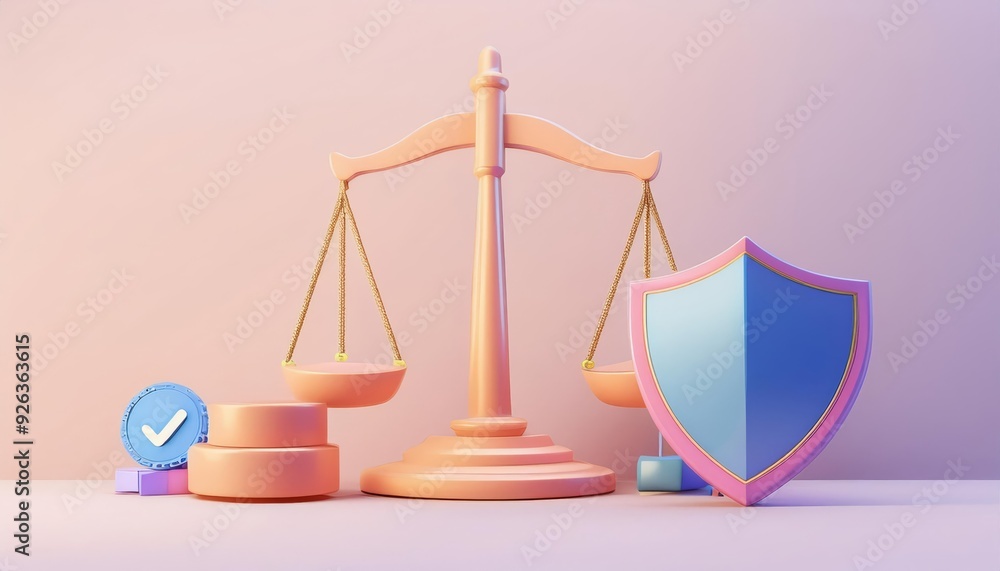 A creative representation of law and justice with scales, shield, and ...