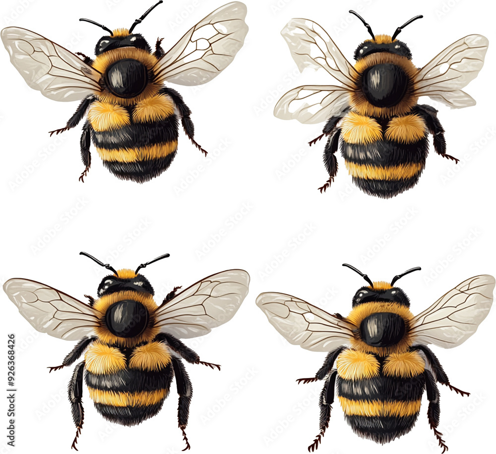 Collection of a flying bumblebee, bee and wasp isolated on a ...