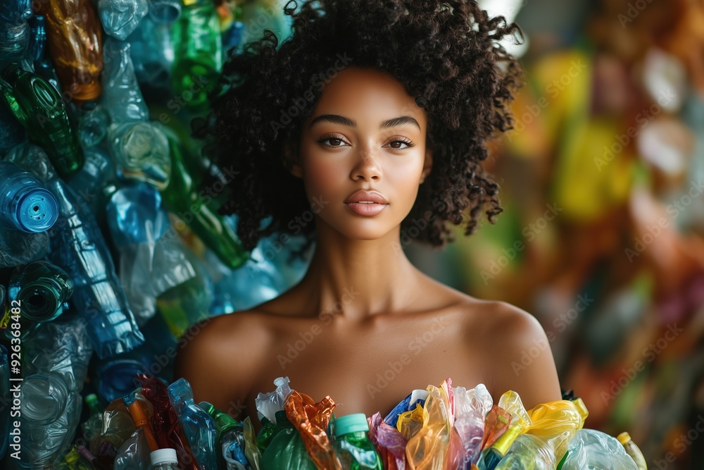 Fashion model wearing a dress made from recycled plastic bottles ...
