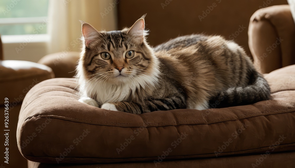 A content tabby American Bobtail cat rests on a brown couch, its ...