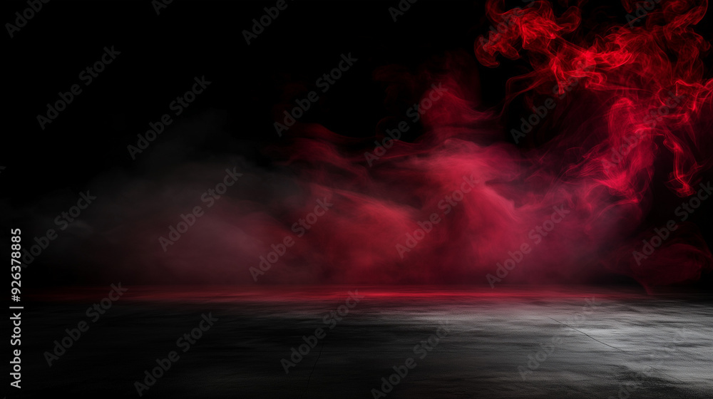Abstract red smoke rising against a black background, with a concrete ...