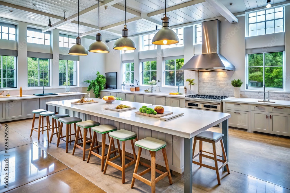 bright and airy kitchen classroom with marble countertops and stylish ...