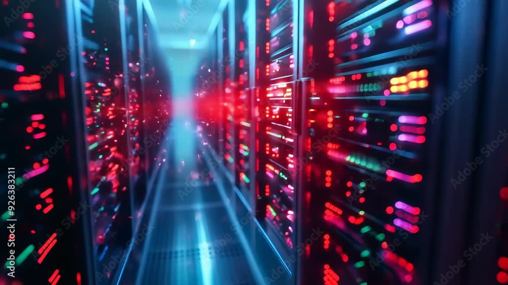 Vibrant Server Room with Fiber Optic Cables Connecting Data Centers ... Vibrant Server Room with Fiber Optic Cables Connecting Data Centers ...