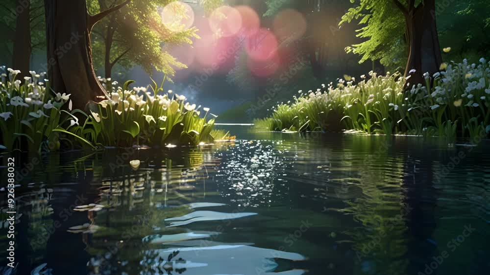 The quiet atmosphere of the river in the middle of a dense forest with ...