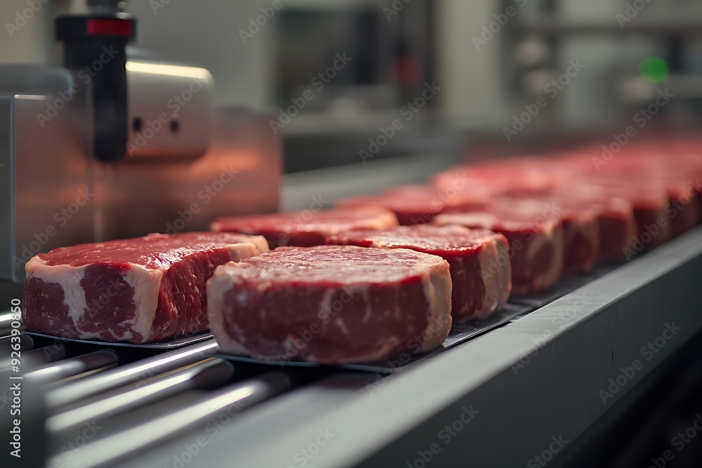 Red meat steaks moving on a conveyor belt in a meat processing facility ...