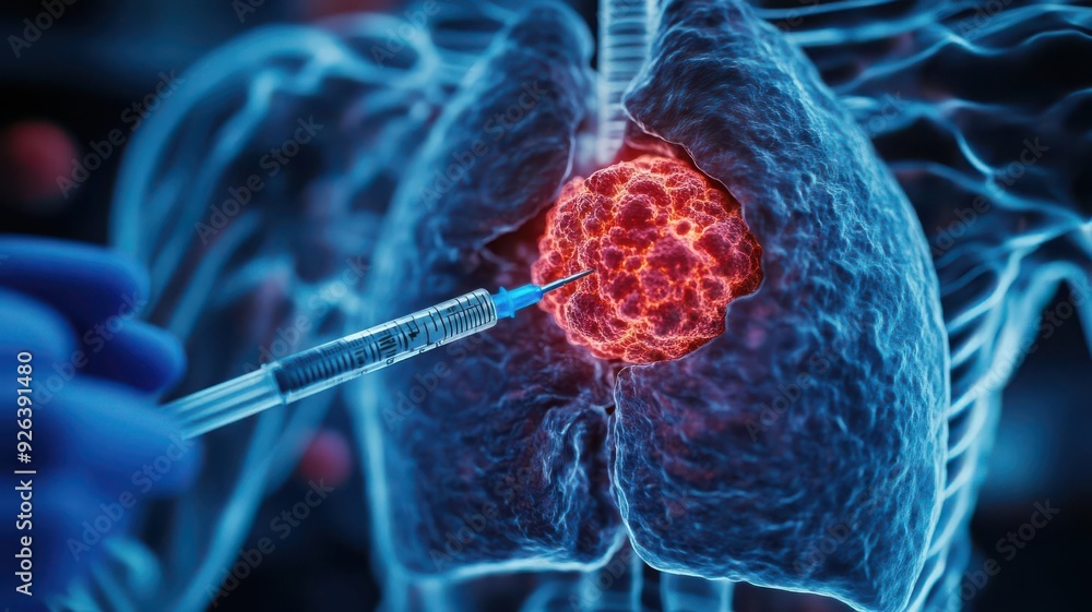 3D medical illustration of a lung biopsy needle targeting a tumor, Lung ...