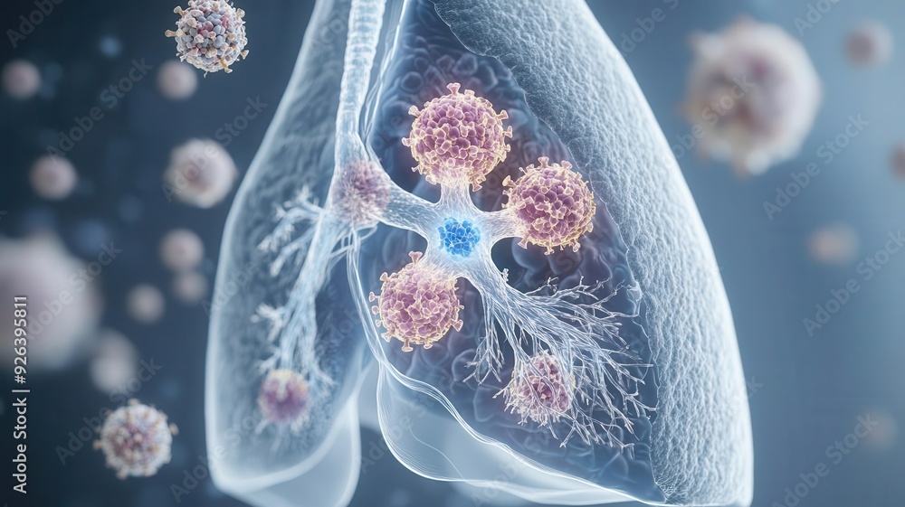Illustrated cross-section of a lung, showing the stages of cancer and ...