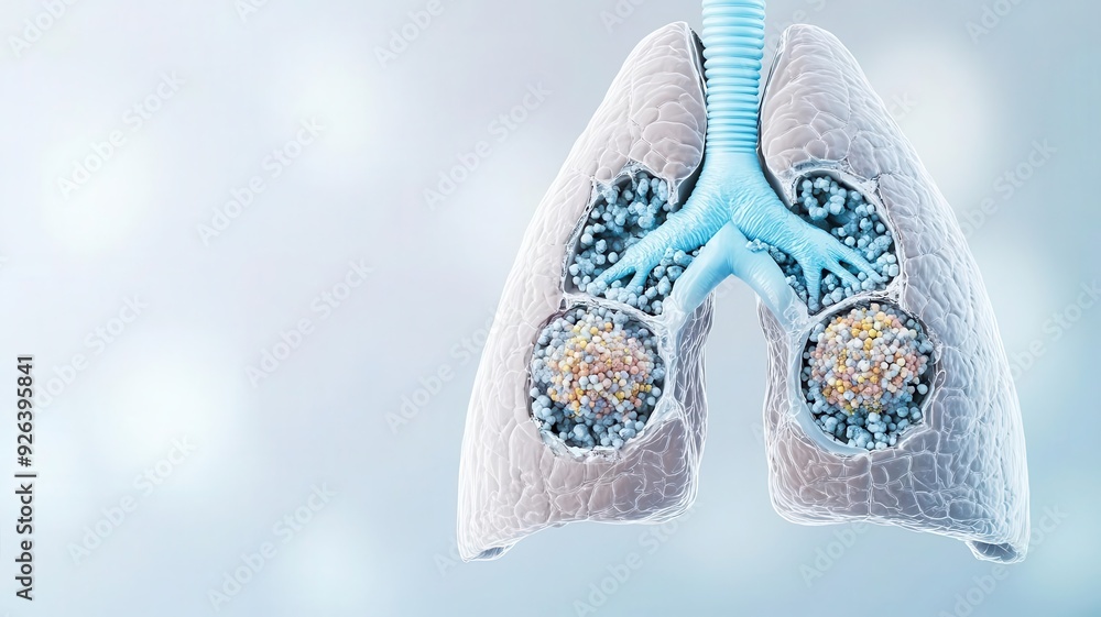 Illustrated cross-section of a lung, showing the stages of cancer and ...