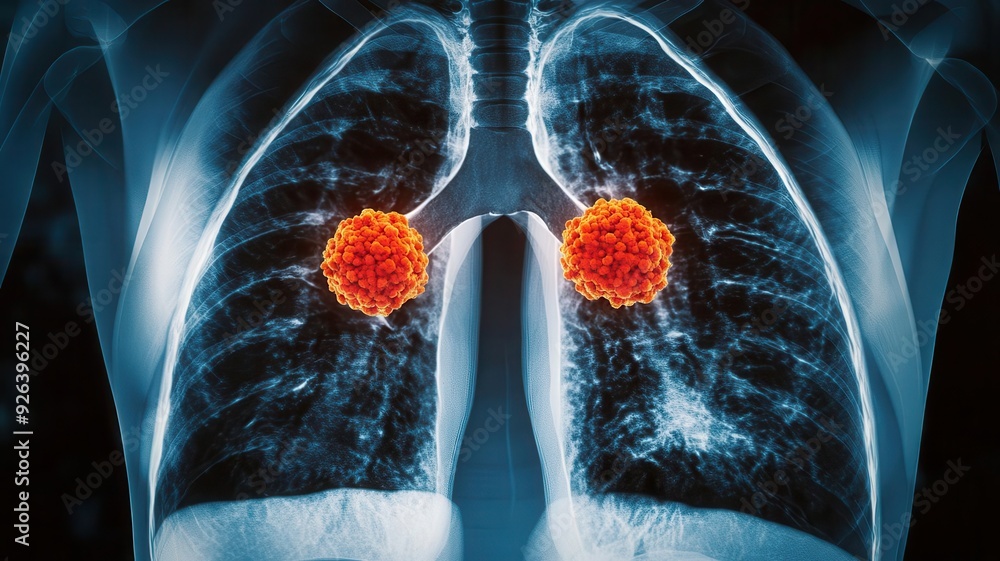 X-ray image of human lungs with highlighted cancerous growth, medical ...
