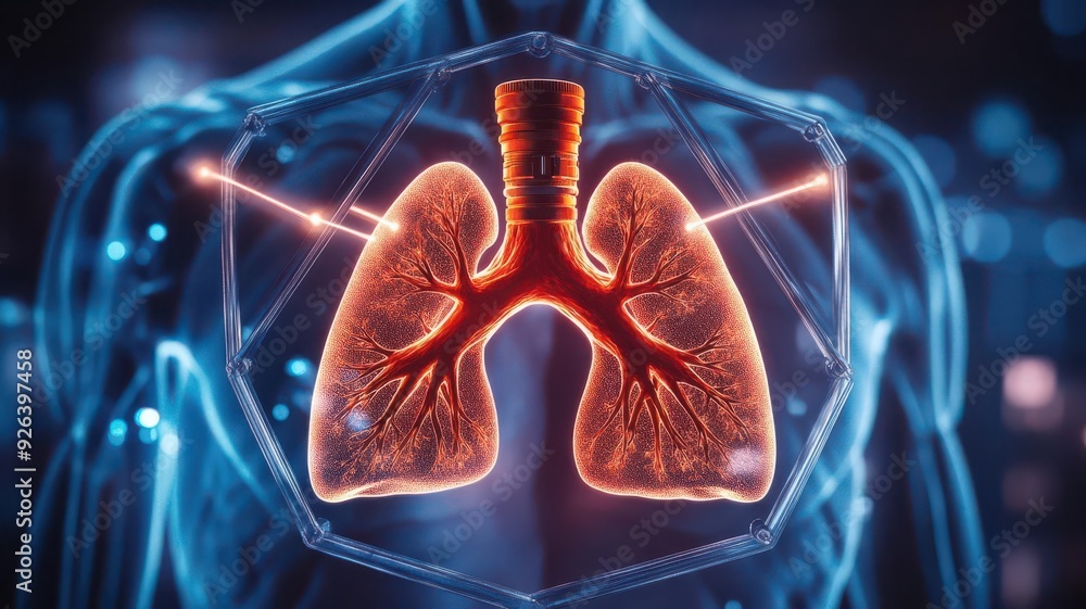 Conceptual image of lungs protected by a shield, with radiation beams ...
