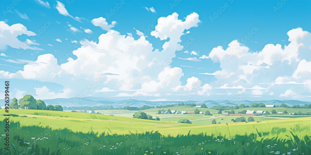 Summer Fields and Mountain Vistas: A Lush Green Landscape Under Blue ...
