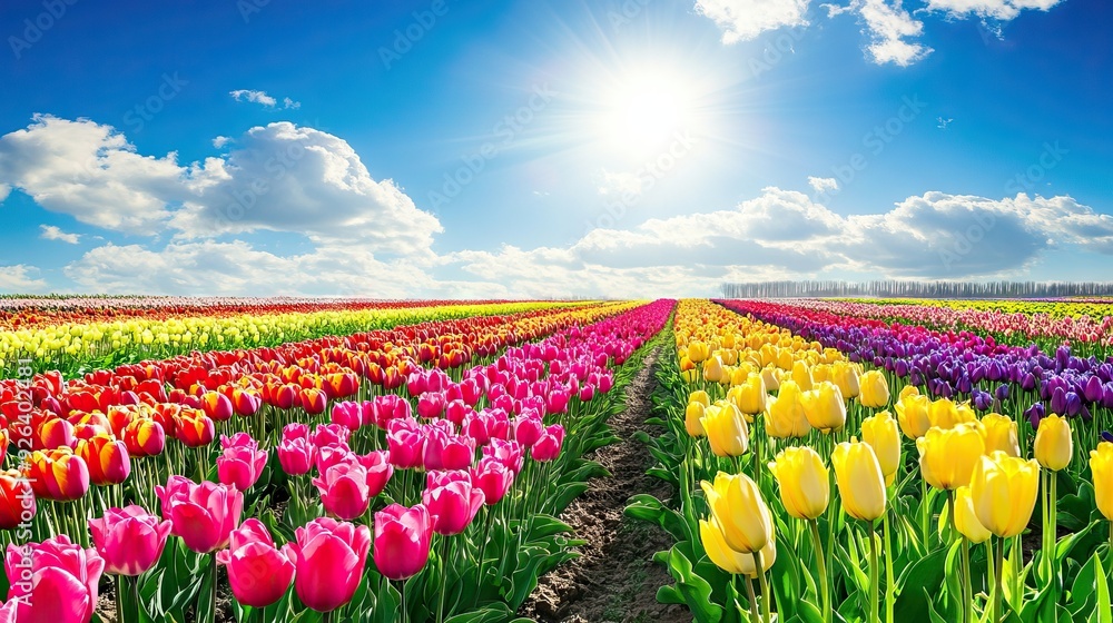 Expansive Field of Vibrant Tulips in Full Bloom, Stretching to the Horizon Under a Bright Sunny ...