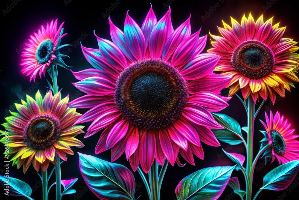 Surreal Pop Art Sunflowers Neon Colors Black Background Glossy Finish ...