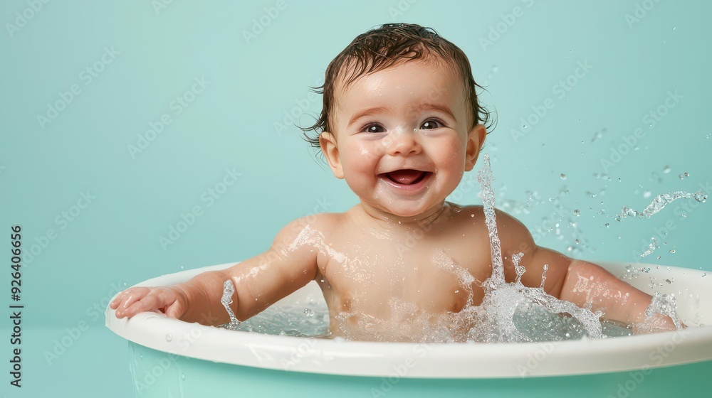 A joyful image of an infant splashing in a small tub during bath time, highlighting the sensory ...
