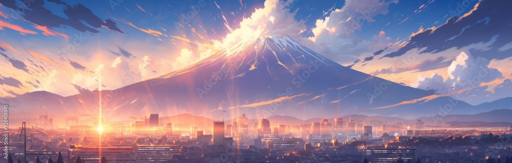 Enchanting Urban Panorama of Mount Fuji: A Mesmerizing Anime-Style ...
