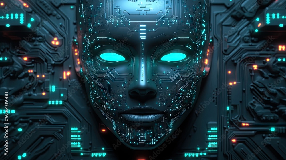 2D illustration of Artificial Intelligence with a robotic face and ...