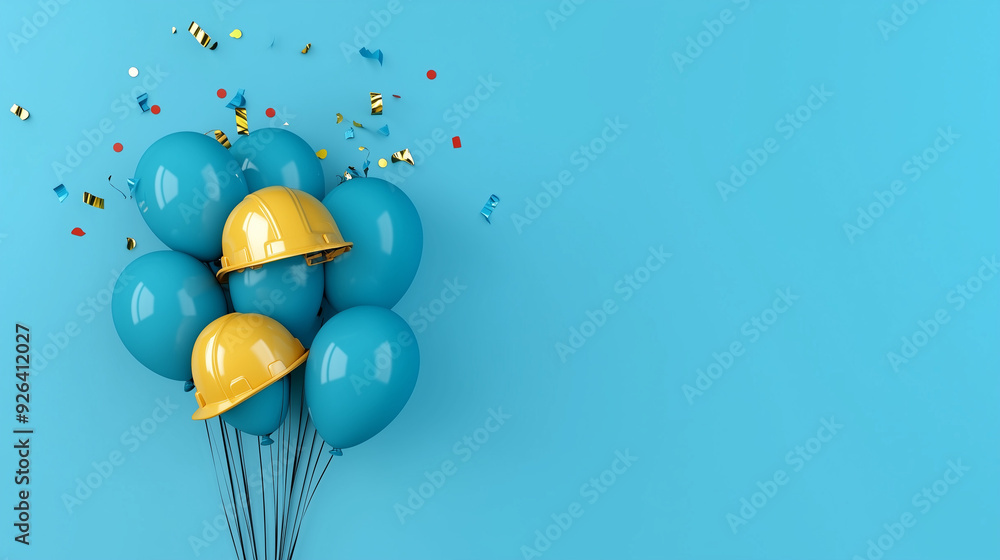 Construction worker’s helmet and blue balloons with confetti on a solid ...