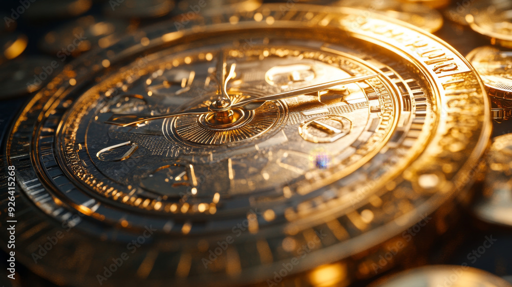 A close-up view of an intricately designed golden clock face featuring ...
