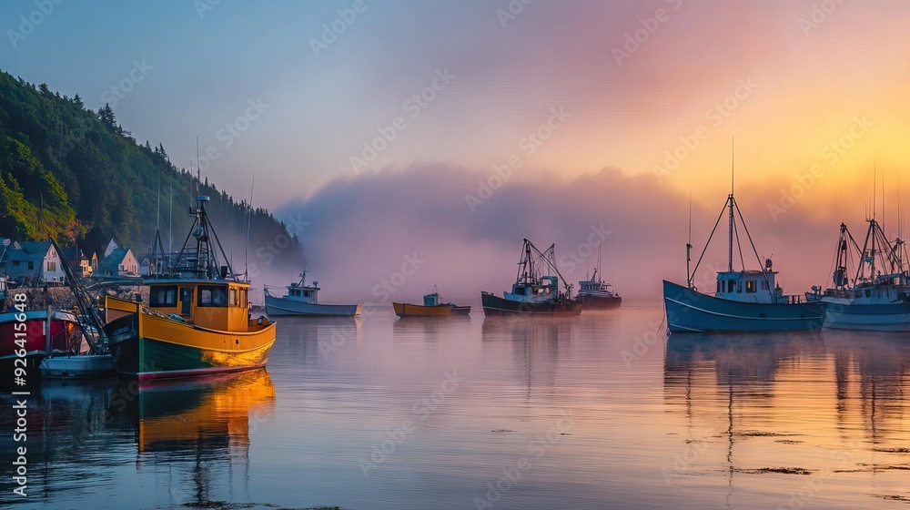 Quiet Harbor at Dawn with Colorful Fishing Boats Bobbing on the Water ...