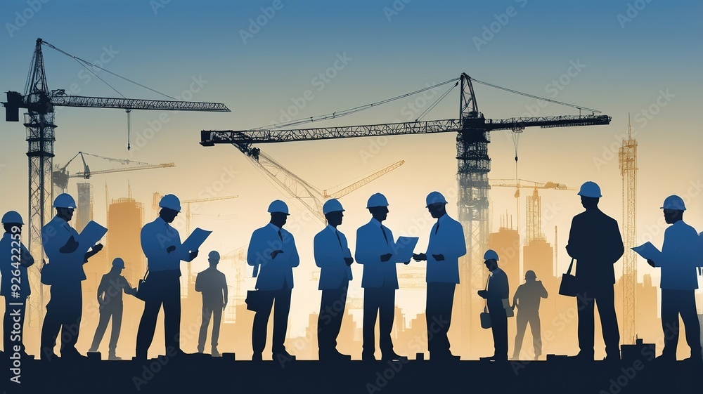Team of civil engineers' silhouettes work together, cranes and ...