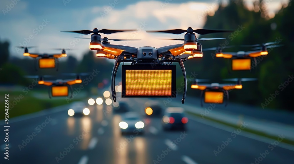 Drone swarm forming flying billboard advertisement Stock Illustration ...