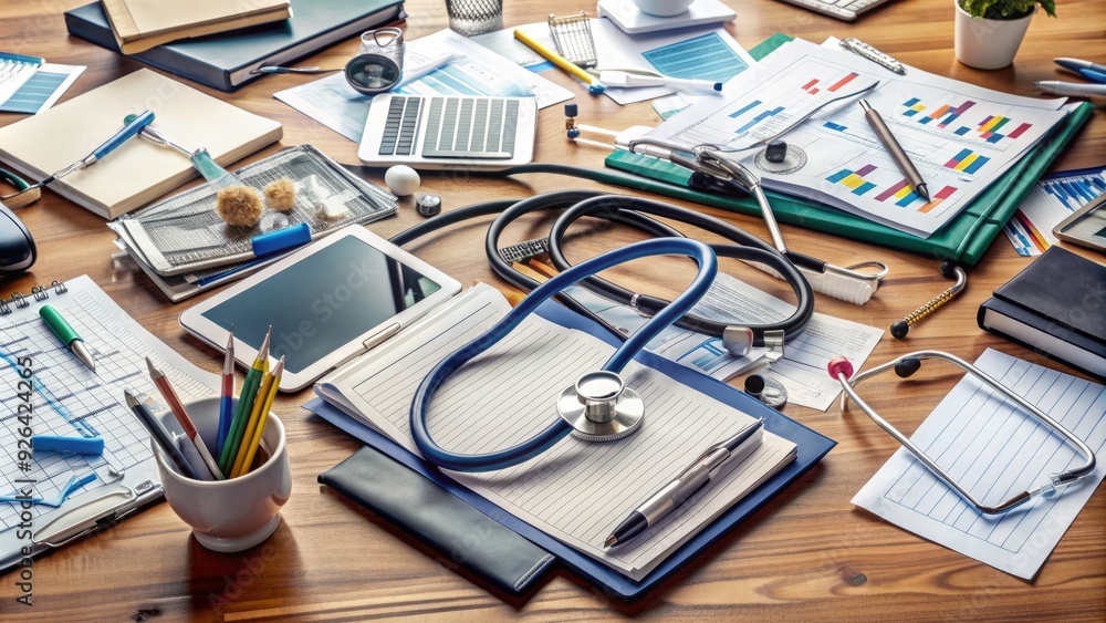 A cluttered hospital desk with scattered medical files, charts, and ...