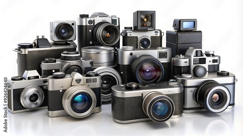 A collection of various isolated cameras with different lenses, shapes ...