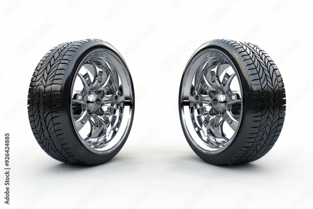 Two car tires with chrome rims on white background. Conceptual image ...