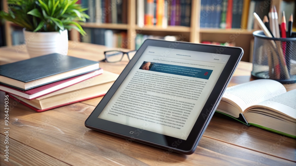 A digital tablet displays a reflowable ebook with words and paragraphs ...