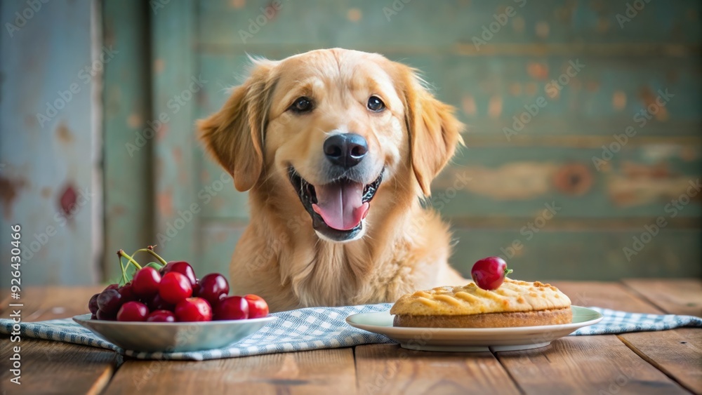 Adorable golden retriever puppy with a mischievous grin catches a slice ...