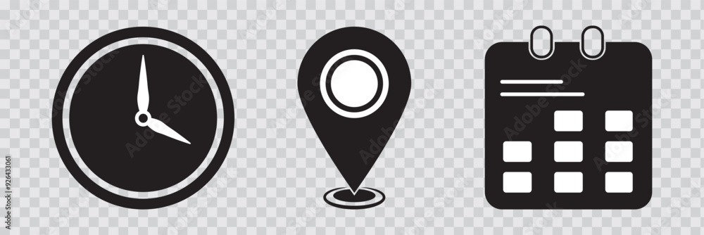 Address. time, and date icon vector. Event elements isolated on transparent background. Black ...