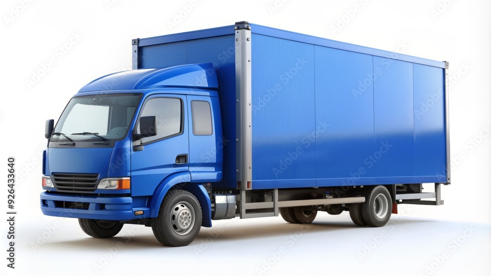 A blue moving truck with company logo stands alone on a white ...