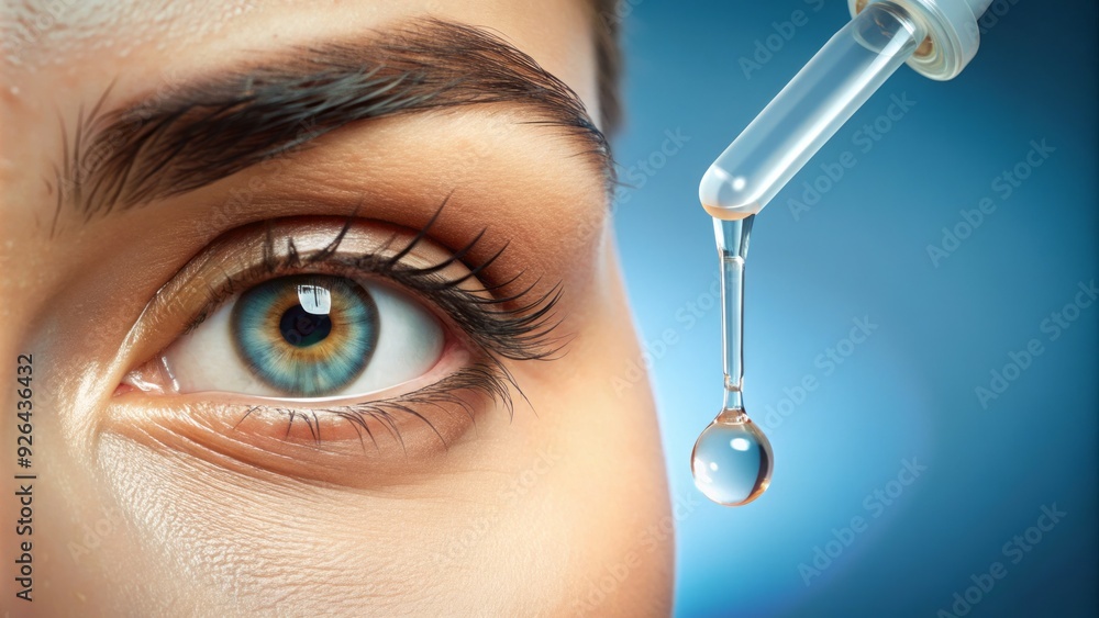 A clear plastic eye dropper filled with medication hangs above an open ...