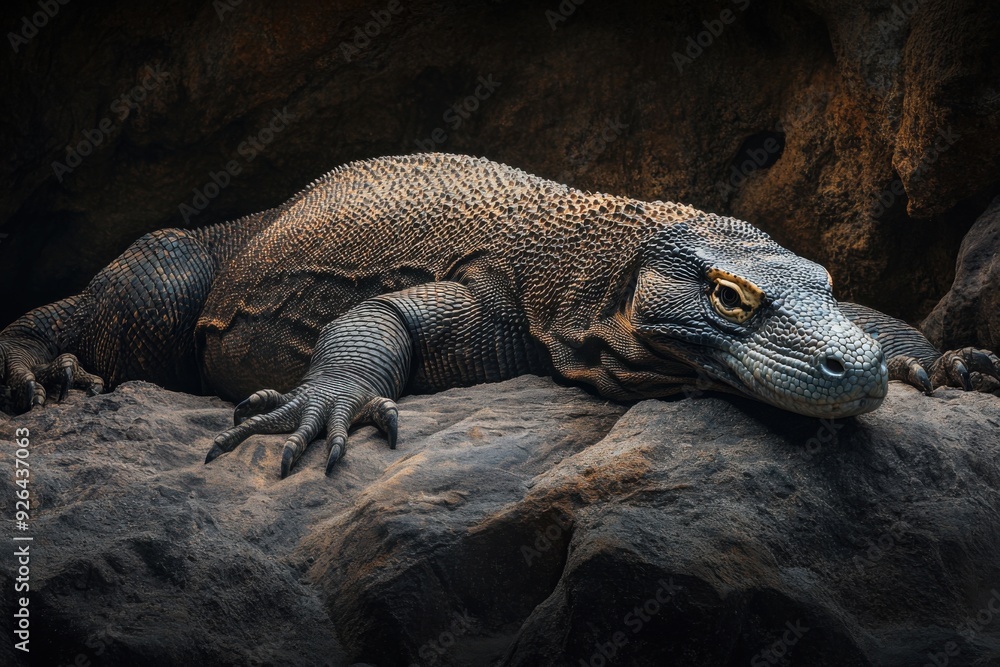 Elegant portrait of a rare Komodo dragon resting on rocky terrain in ...