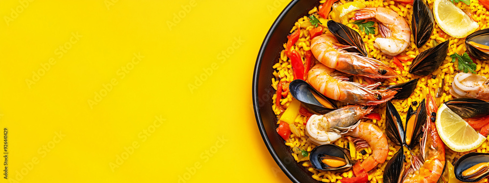 Top view banner of Spanish paella on a yellow background with space for ...