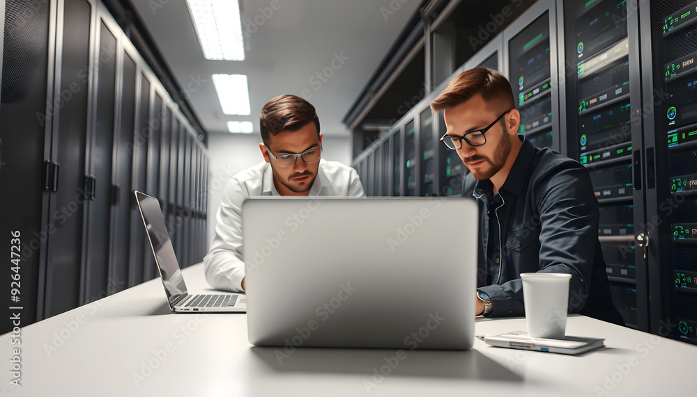 Laptop, server room and technician people problem solving in database ...