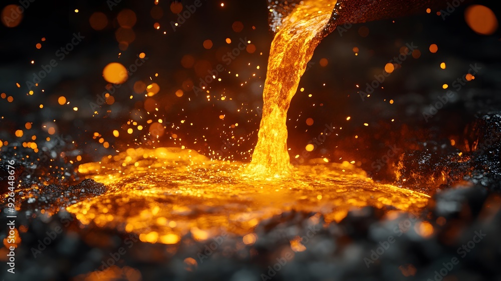 Molten metal pouring from ladle, intense orange glow, sparks flying ...