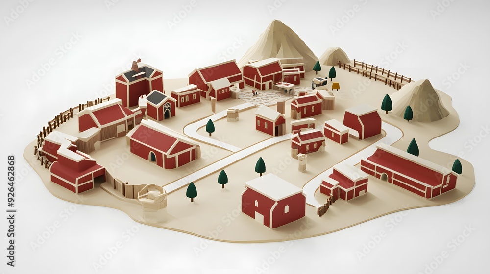 Papercraft Miniature Model of a Small Town with Red Roofed Buildings ...
