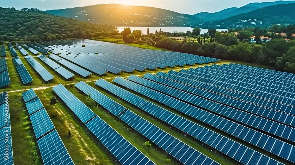 solar park for the generation of sustainable energy on lush grass ...